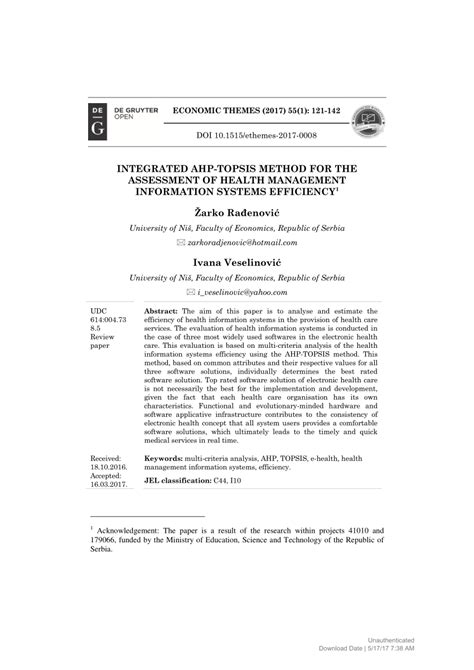 Pdf Integrated Ahp Topsis Method For The Assessment Of Health Management Information Systems