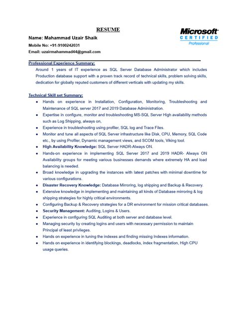 Uzair Ms Sql Dba 2 Pdf Databases Microsoft Sql Server