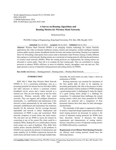 A Survey On Routing Algorithms And Routing Metrics For Wireless Mesh Networks Pdf