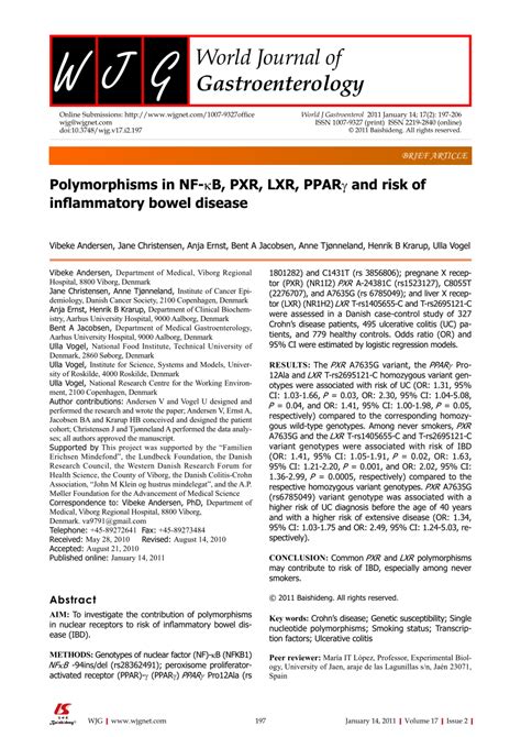 Pdf Polymorphisms In Nf Kappa B Pxr Lxr Ppar Gamma And Risk Of Inflammatory Bowel Disease