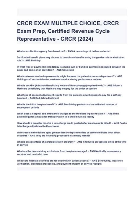 CRCR EXAM MULTIPLE CHOICE CRCR Exam Prep Certified Revenue Cycle Representative CRCR
