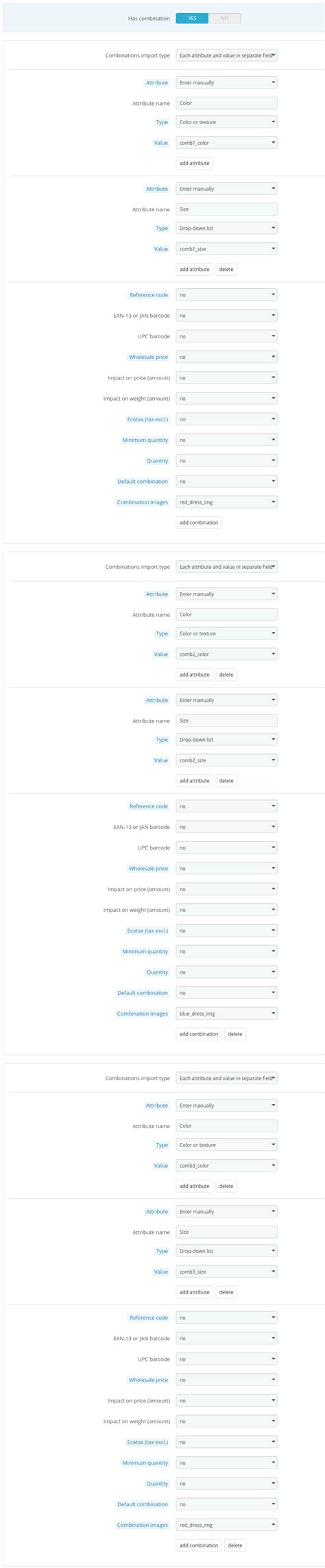 Combinations Import Each Attribute And Value In Separate Field Method
