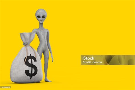 무서운 회색 휴머노이드 외계인 만화 캐릭터 사람 마스코트와 묶인 소박한 캔버스 린넨 머니 자루 또는 달러 기호가있는 돈 가방 3d 렌더링 비즈니스에 대한 스톡 사진 및 기타