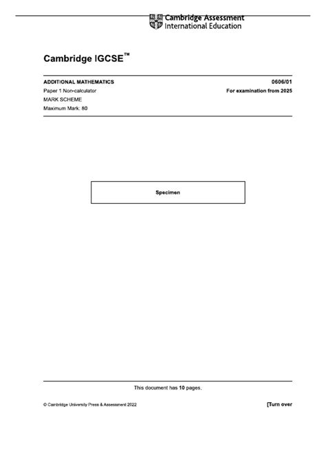 Cambridge Igcse 0606 1 Paper 1 Additional Mathematics Specimen Mark