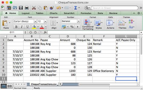 Cheque Details Excel Sheet