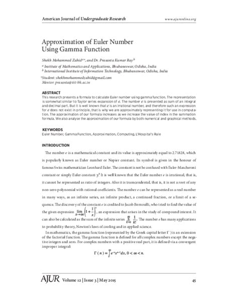 Pdf Approximation Of Euler Number Using Gamma Function Shekh