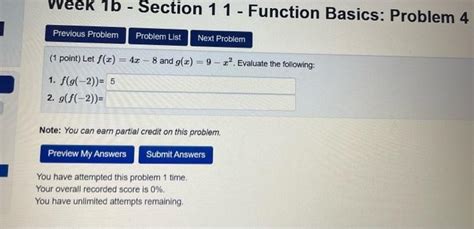 Solved 1 Point Let F X 4x−8 And G X 9−x2 Evaluate The