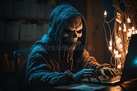 Hooded Hacker With Mask Using Laptop Break Or Attack Into Data Server