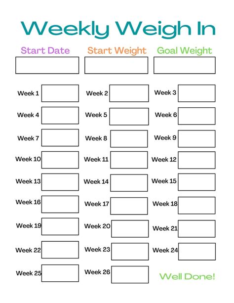 Weekly Weigh In Printable Colorful Weekly Weight Loss Tracker Six