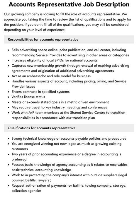 Accounts Representative Job Description Velvet Jobs