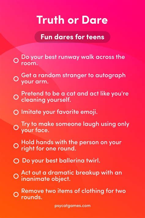 Truth or Dare: Fun dares for teens | Truth or dare questions, Fun dares, Good truth or dares