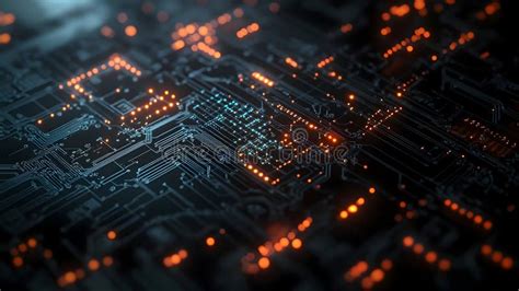 Close Up Of An Advanced Circuit Board Design Illuminated By Bright Orange Lights Symbolizing