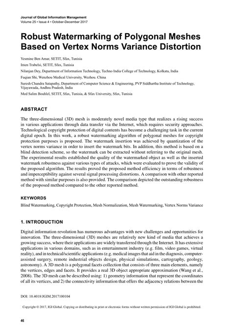 Pdf Robust Watermarking Of Polygonal Meshes Based On Vertex Norms Variance Distortion