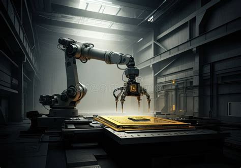 Robotic Arm Assembling A Microchip In A High Tech Industrial Setting Stock Image Image Of