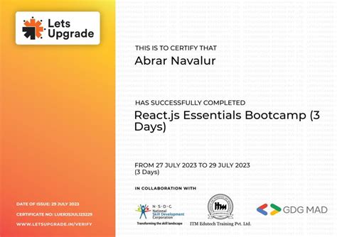 Abrar Ul Haque Navalur On Linkedin Letsupgrade Reactjs Certificateofcompletion