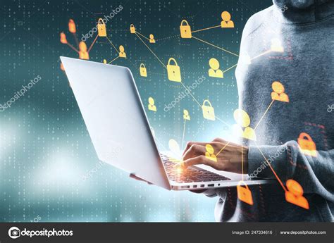 Side View Close Hacker Hand Using Laptop Digital Business Interface