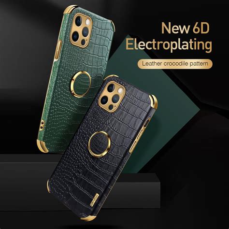 Kj P D Electroplating Leather Crocodile Pattern Anti Fall Soft Tpu Phone Case With Ring Holder