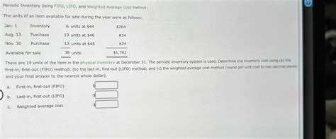 Solved Periodic Inventory Using FIFO LIFO And Weighted Chegg Com