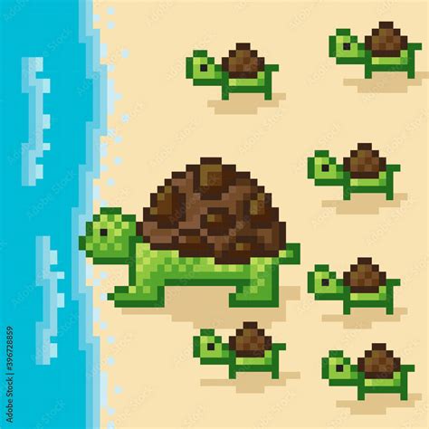 Sea Turtle Pixel Art Vector Picture Turtles And Baby Turtles Into The Sea Stock Vector