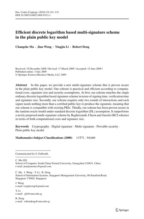 Pdf Efficient Discrete Logarithm Based Multi Signature Scheme In The