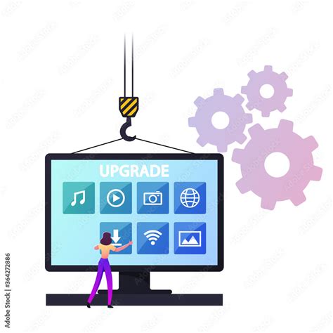 Program Upgrading Concept Tiny Female Character At Huge Computer