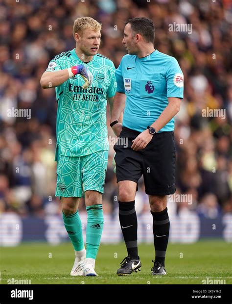 Arsenal Goalkeeper Aaron Ramsdale And Referee Chris Kavanagh During The Premier League Match At