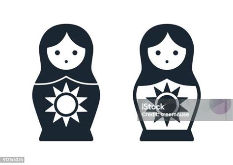 귀여운 러시아 마트 중첩 인형 민속 장난감 태양 벡터 아이콘 일러스트와 함께 간단한 단색 흰색 절연 하는 현대적인 스타일 디자인 요소입니다 귀여운에 대한 스톡 벡터 아트 및