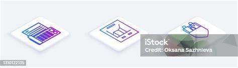 아이소메트릭 라인 팩스 기계 그래프 차트와 문서 및 방패와 가족 보험을 설정합니다 흰색 정사각형 버튼 벡터 3차원 형태에 대한 스톡 벡터 아트 및 기타 이미지 Istock