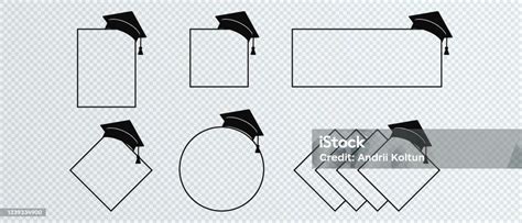 대학원 고등학교 프레임 세트 투명 한 배경에 격리 된 졸업 캡 아이콘 과 테두리 라인 스트로크가 있는 블랙 도 의식 모자 벡터 일러스트레이션 개념에 대한 스톡 벡터 아트 및