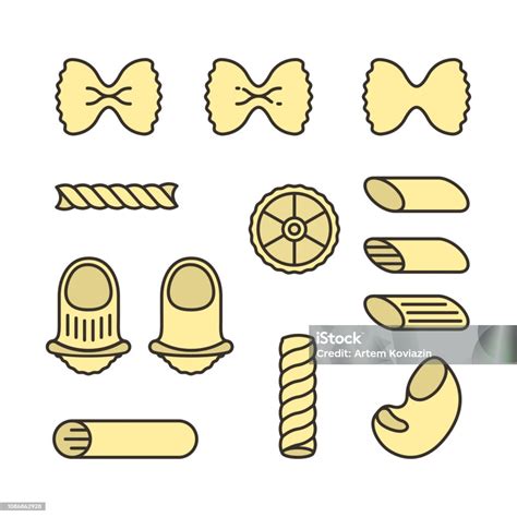 이탈리아 파스타 종류 마 카로 니 음식 최소한의 화려한 플랫 라인 컨투어 선 벡터 아이콘 세트 0명에 대한 스톡 벡터 아트 및