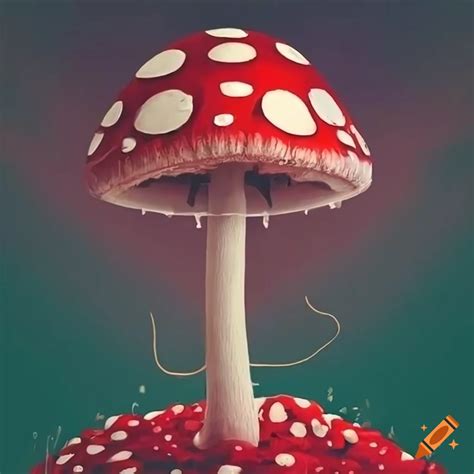 Surreal Fantasy Scene With Vibrant Red And White Mushrooms
