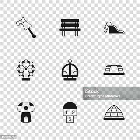 홉 스카치 원숭이 바 놀이터 등반 장비 어트랙션 회전 목마 슬라이드 놀이터 장난감 말 벤치 및 관람차 아이콘을 설정합니다 벡터