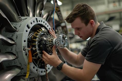 Technicians Installing And Calibrating Sensors On Aircraft Engine For Performance Monitoring