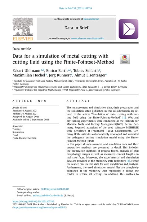 Pdf Data For A Simulation Of Metal Cutting With Cutting Fluid Using The Finite Pointset Method