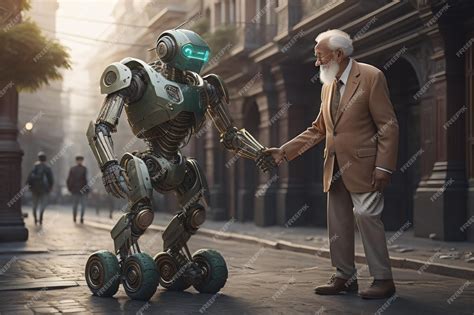 premium ai image a man and a robot shaking hands on a street