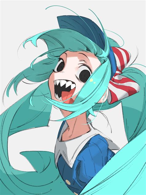 Safebooru Girl P Absurdres Amrkdrw Aqua Hair Black Eyes Blue Hat Blue Shirt Bow Collar Crazy