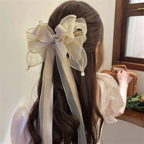 여성용 패션 쉬폰 보우 헤어 클립 크고 우아한 머리핀 바레트 여아용 단색 포니테일 클립 헤어 액세서리 헤드웨어 선물 위시버킷