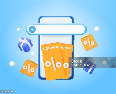 판매 쿠폰 바우처가있는 스마트 폰 검색 창 선물 상자 및 상점 가방 상점 카트 온라인 판매 및 마케팅 개념입니다 판매 쿠폰 및