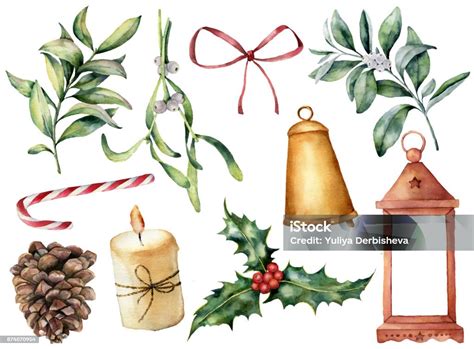 식물과 열매와 수채화 크리스마스 장식입니다 손으로 그린 유 칼 리 나무 Snowberry 벨 붉은 나비 촛불 미 슬 토 랜 턴 홀리 흰색 배경에 고립 디자인에 대 한