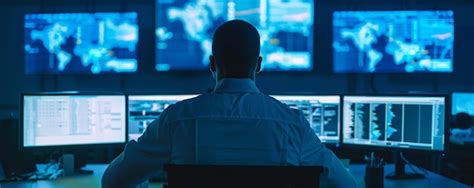 Cybersecurity Analyst Monitoring Multiple Screens In A Hightech Control Room With World Maps And