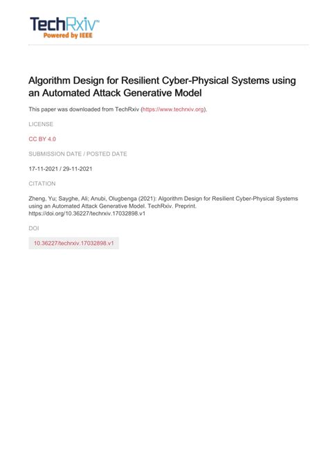 Pdf Algorithm Design For Resilient Cyber Physical Systems Using An Automated Attack Generative