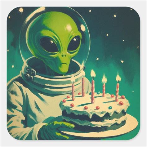Space Alien With Birthday Cake Ufo Flying Saucer Square Sticker