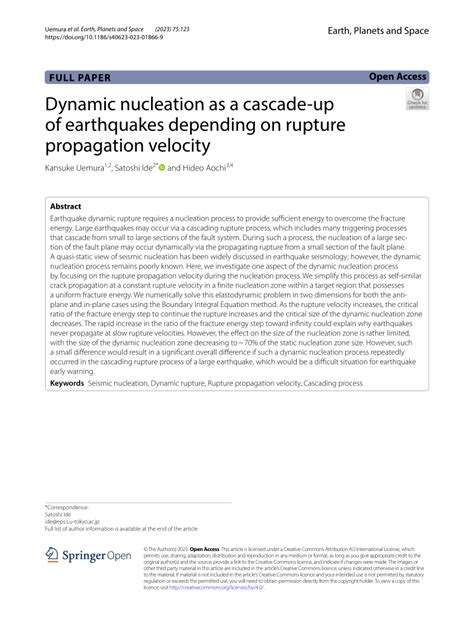 Pdf Dynamic Nucleation As A Cascade Up Of Earthquakes Depending On