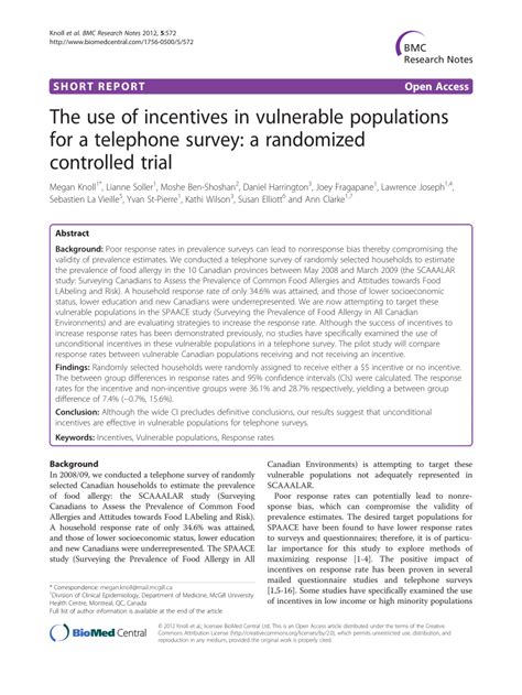 pdf the use of incentives in vulnerable populations for a telephone