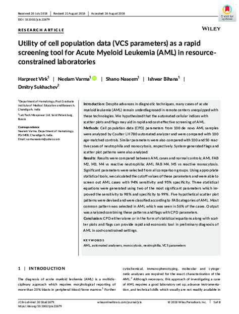 Pdf Utility Of Cell Population Data Vcs Parameters As A Rapid Screening Tool For Acute