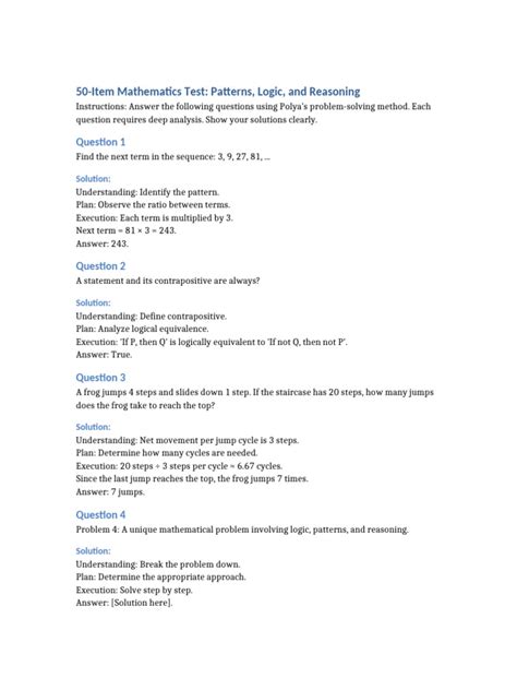 50 Item Math Test Polya Method Pdf Reason Logic