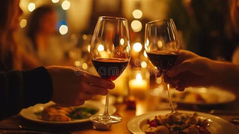 Two Hands Clinking Wine Glasses During A Romantic Dinner Stock