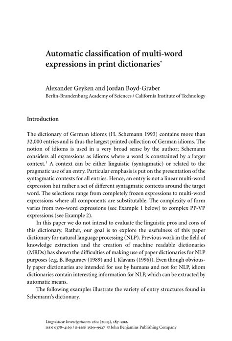 Pdf Automatic Classification Of Multi Word Expressions In Print Dictionaries