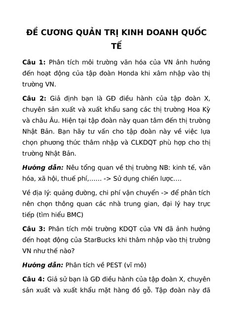 ĐỀ CƯƠNG QUẢN TRỊ KINH Doanh QUỐC TẾ Quan tri kinh doanh Đại học Tài chính Studocu