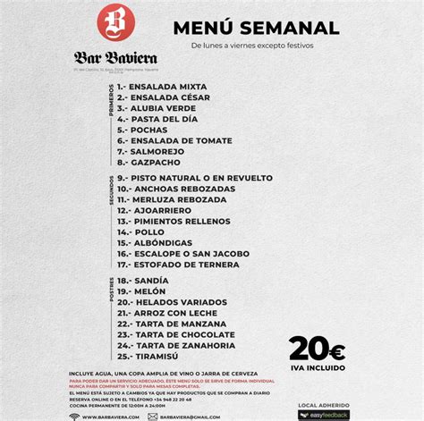 Menú Semanal En El Bar Baviera Pamplona Comercial